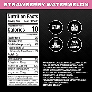 PRIME HYDRATION Energy Drink Strawberry Watermelon, Naturally Flavored, 200mg Caffeine, Zero Sugar, 300mg Electrolytes, Vegan, 12 Fl Oz per Can (Pack of 12)