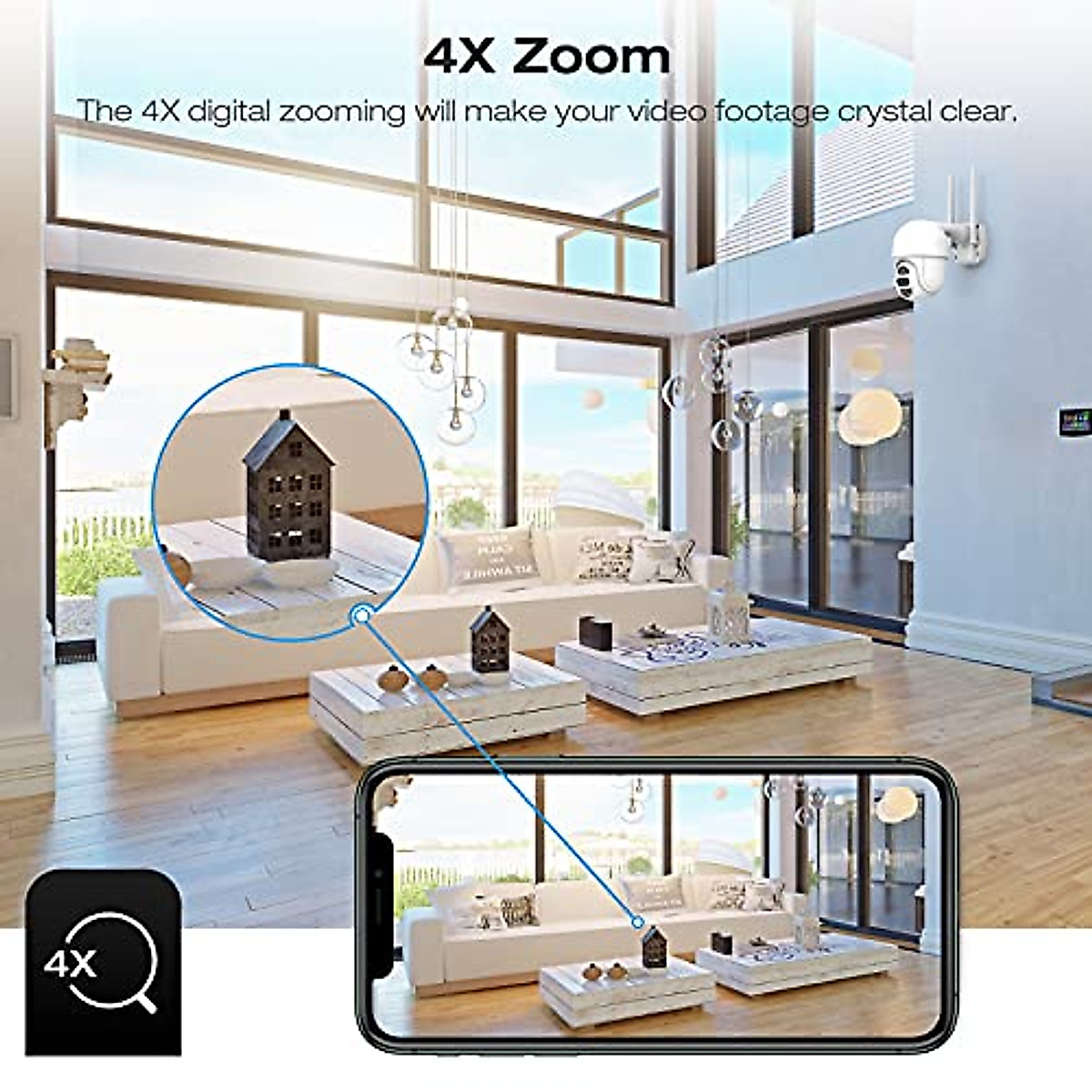 Topiacam PTZ Security Camera Outdoor, 4X Optical Zoom, 350°Pan 100°Tilt, Wi-Fi Home Surveillance Camera with Motion Detection, Floodlight & Siren Alarm, Color Night Vision, 2-Way Audio, White(AP30)