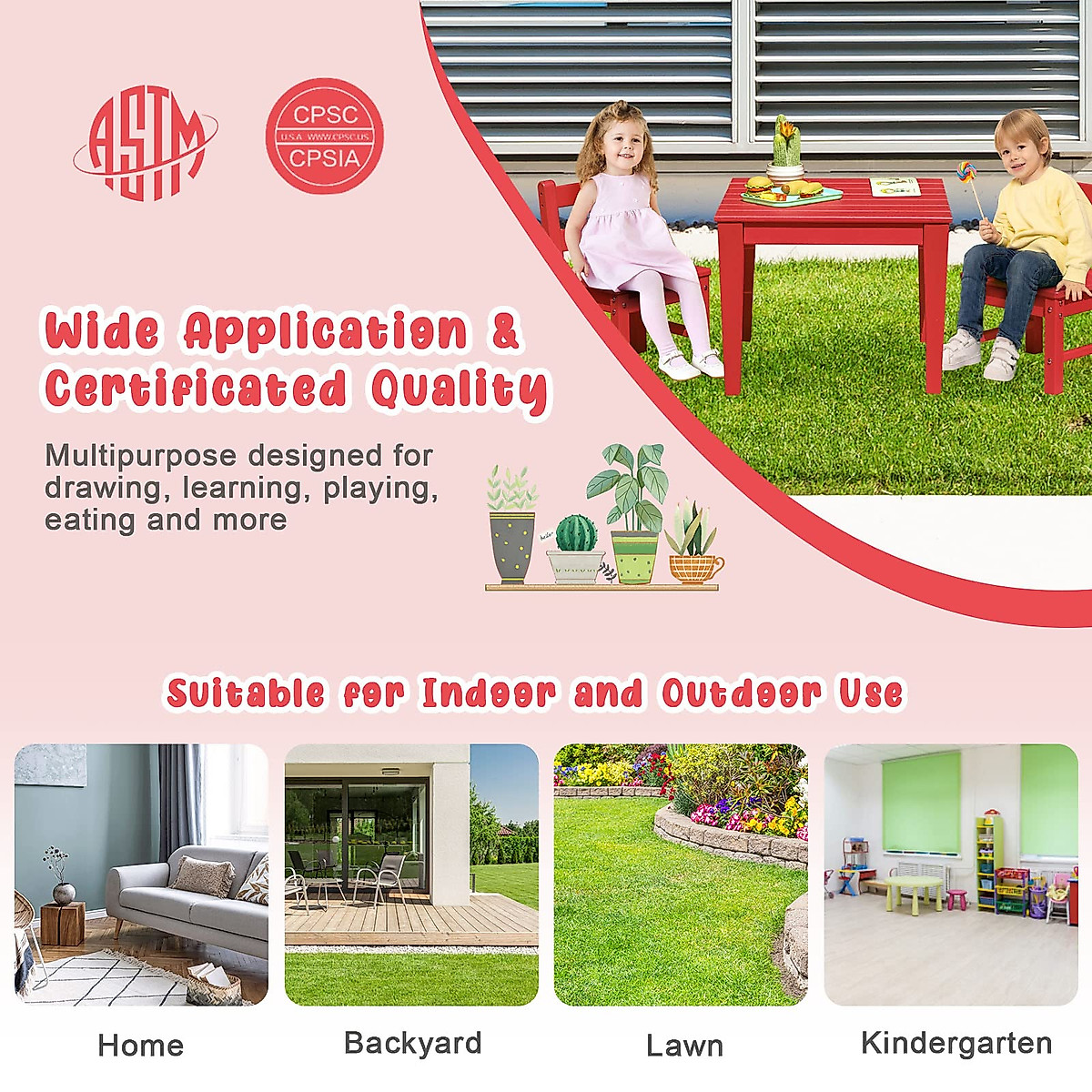 Costzon Kids Chair, 2PCS All-Weather & Heavy-Duty Children Learning Chairs w/Backrest for Playroom, Nursery, Backyard, Garden, Indoor & Outdoor Gift for Boys Girls, Waterproof Toddler Chair (Red)