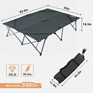 KingCamp Folding Camping Cot Adjustable Heavy Duty Outdoor Oversized Adult Wide, 84.6''x 55.1''x18.9'', Grey-double