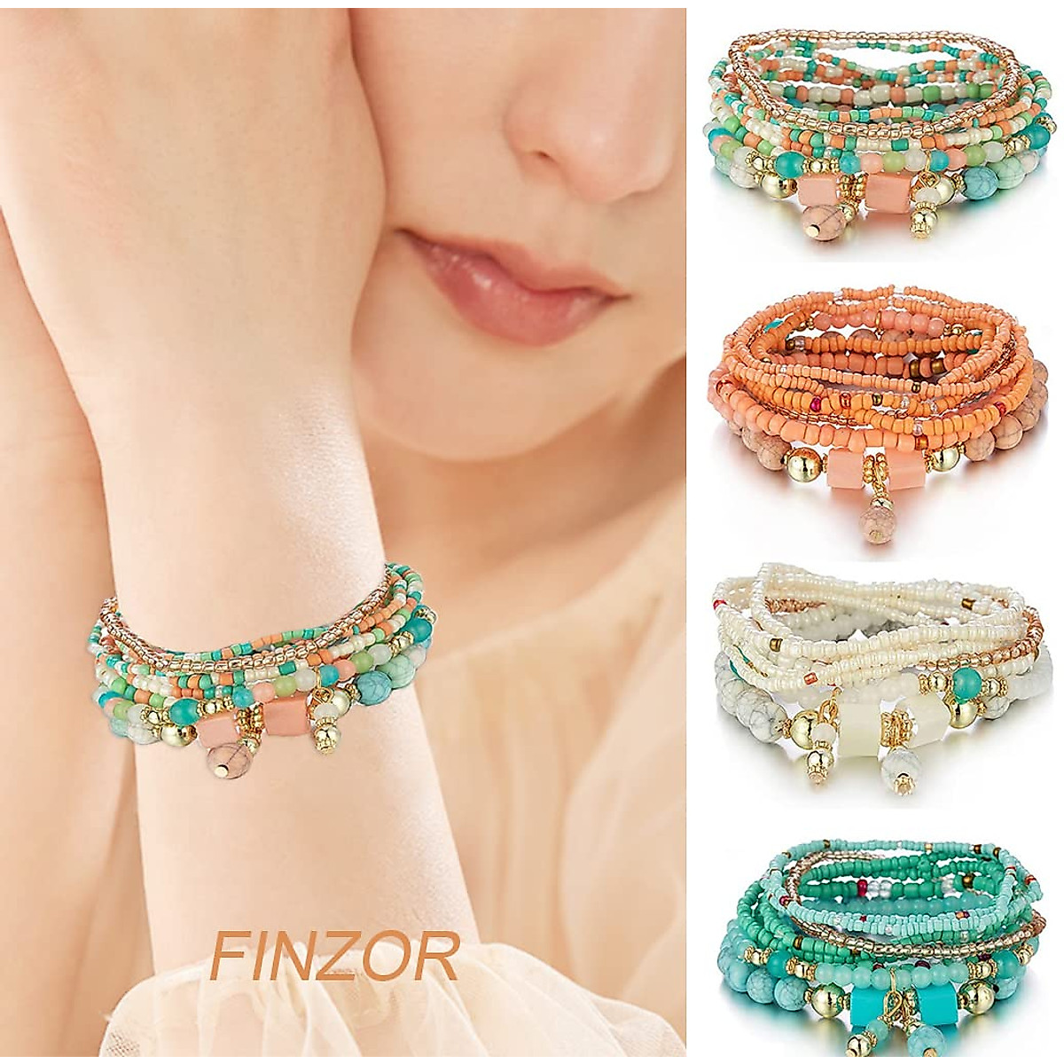 FINZOR 8 Sets Bohemian Stackable Bead Bracelets for Women Bohemian Bracelets Stretch Multi Layered beads Bracelet Set Boho Multicolor Jewelry