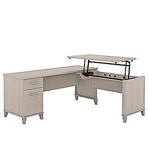 Bush Furniture Somerset 72W 3 Position Sit to Stand L Shaped Desk in Sand Oak & Somerset Tall 5 Shelf Bookcase in Sand Oak