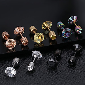 5 Pair Titanium Screw Surgical Stainless Steel Stud Earrings Set, Iridescent 3A Cubic Zirconia Studs Reversible Earrings Perforated Reclining Hypoallergenic Earrings Jewelry 6mm (5 pairs iridescent).
