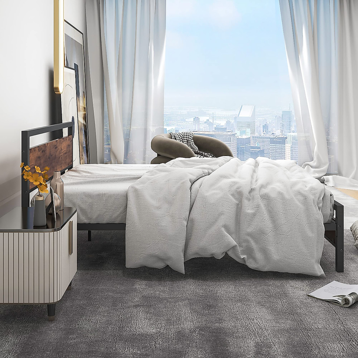 BOFENG Full Size Bed Frame with Wood Headboard,Heavy Duty Platform Bed Frame Full with Storage No Box Spring Needed,Reinforced Steel Slats Support,Mattress Foundation,Rustic Brown