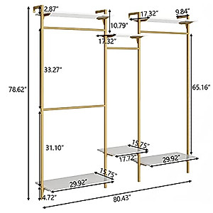 Auromie Gold Wall Mount Clothes Rack with 4 Hanging Rods, Clothing Rack with 6-Tier Adjustable Shelves, Closet Storage Organizer System Kit, Heavy Duty Garment Rack with Metal (80.43" L*78.62" H)