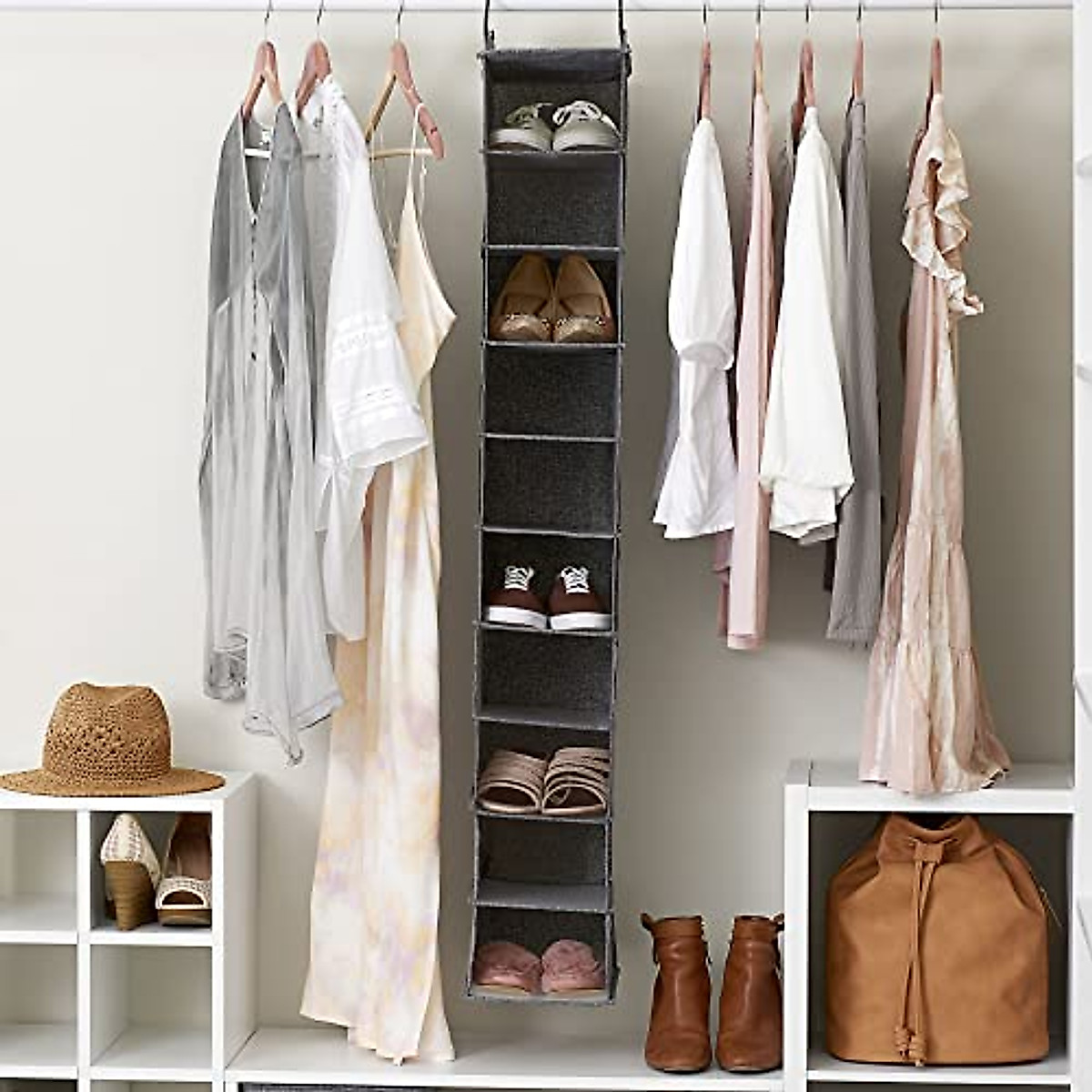 Household Essentials 10 Closet Organizer with Hooks Hanging Shelf, Graphite