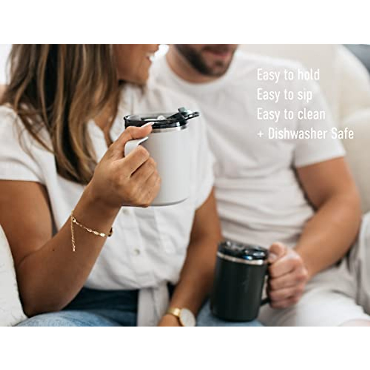 REDUCE Travel Coffee Mug, 18 oz - Insulated Mug for Hot Tea, Coffee and Other Hot Drinks - With Flo-Motion Lid and Handle - Single-Serve and Cupholder Friendly - Stone