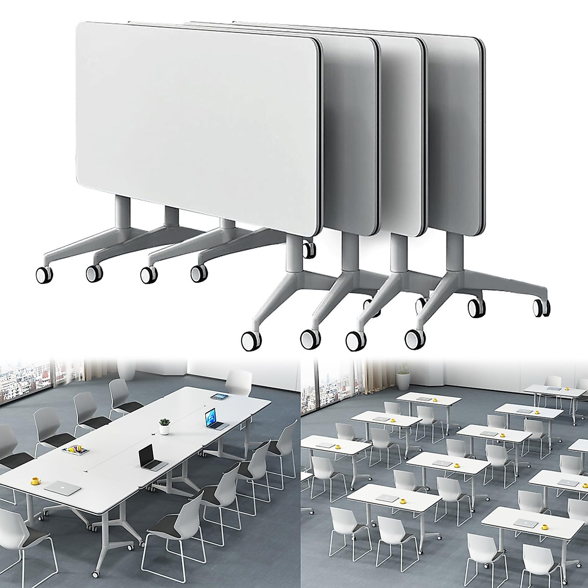 Conference Table Foldable Meeting Tables,4 Pcs Flip Top Mobile Training Table Modern White Portable Table with Silent Wheels, 62.9 "D x 23.6" W x 29.5 "H for Office,Meeting Room,Classroom