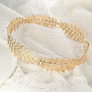 SAILIMUE 5 Pcs Greek Goddess Costume Accessories Set for Women Golden Laurel Leaf Crown Headband Armband Coil Bracelet Leaf Dangle Earring Bridal Wedding Headpiece Toga Party