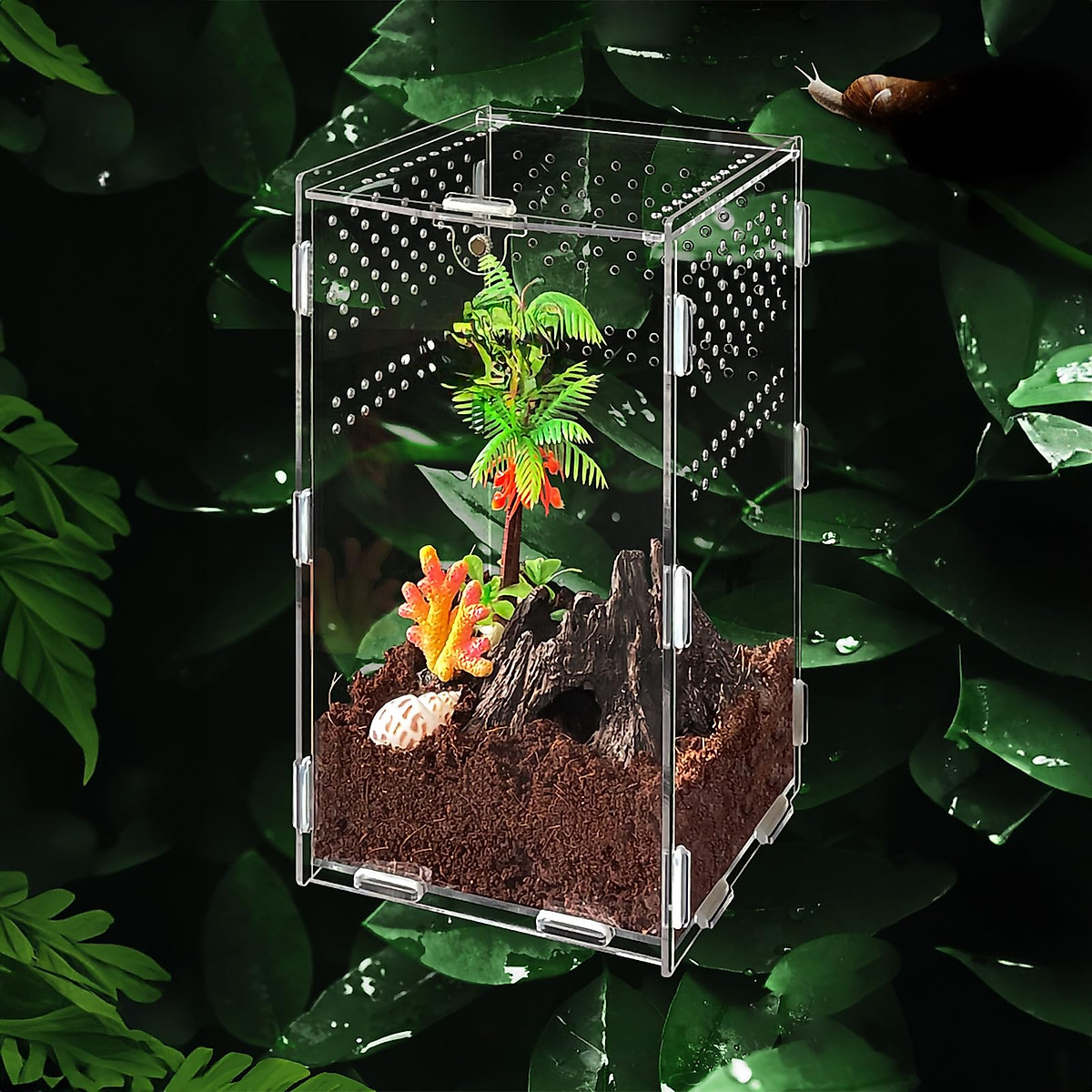 TREELF Micro Habitat Terrarium Kit (4pc Set) - Acrylic Reptile & Spider Enclosure (4.7 * 4.7 * 8 Inches)