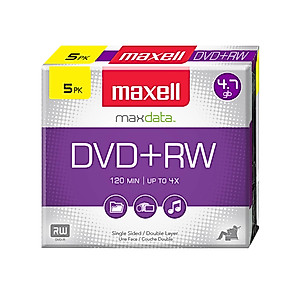 Maxell 634045 DVD-RW Blank Disc - Rewritable 4.7 Gb with Slim Jewel Case, 120min & Max Up to 4x, Superior Archival Life Digital Storage Playback & Up to 1000 Rewrite - 5 Pack