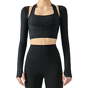SEAUR Womens Yoga Crop Top Slim Fit Workout Top Cropped Long Sleeve Gym Top Stretch Cutout Yoga Sports Tee Long Sleeve Crop Top T Shirts XL Black