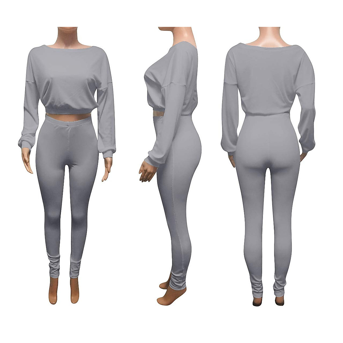 Annystore Women Casual 2 Piece Tracksuit Outfit Ribbed Pullover Crop Tops High Waisted Long Pants Jogger Sets Sweatsuit Grey M