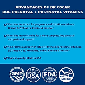 Dog Prenatal Vitamins. The Only Prenatal Vitamins for Dogs with Omega 3, Probiotics, Choline & Inositol, Key for Mother & Puppies. 2in1 Postnatal & Prenatal Dog Vitamins + Folic Acid 90 Tablets