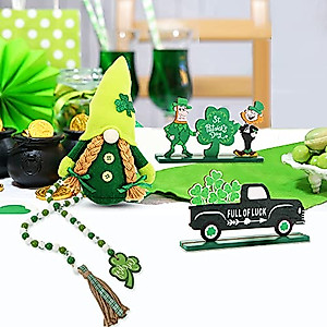 LYIBLE 4Pcs St. Patrick's Day Tiered Tray Decor Set with Gnomes Plush Doll St.Patrick Day Luck Wood Sign Shamrock Wooden Bead Garland for St.Patrick Irish Party Home Table Decor (Tray Not Included)