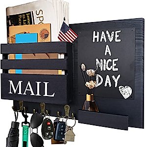 Forzater Upgraded Key Holder Mail Organizer Wall Mounted with 3 Double Hooks with Black Board Floating Shelf Rustic Wood Decorative Hanger for Entry Way