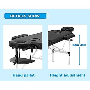 Massage Table Portable Massage Bed 3 Folding 73 Inch Height Adjustable Aluminium Salon Bed Carry Case Tattoo Table Facial Bed Hold Up to 450LBS (Black)
