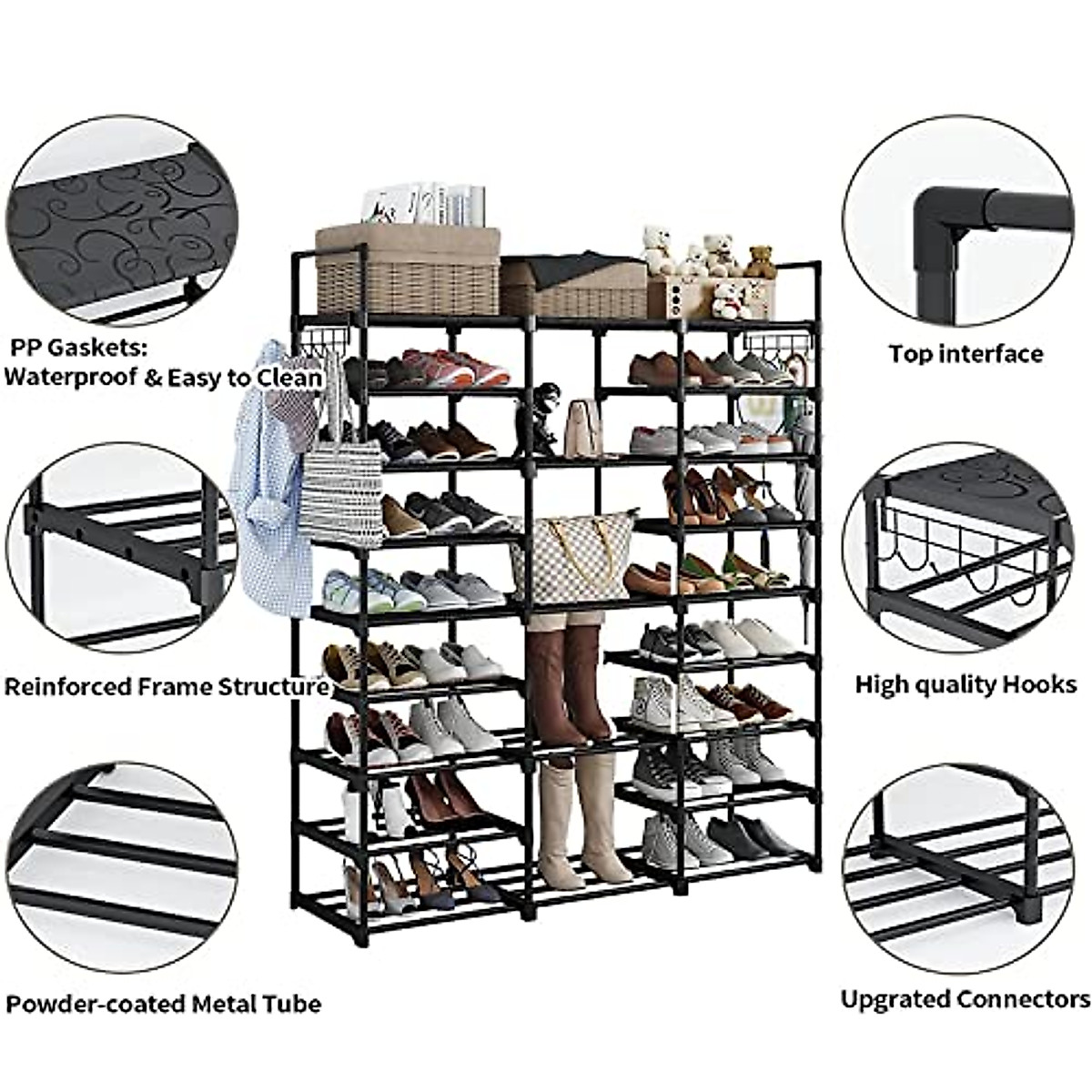 Kottwca Shoe Rack Organizer for Entryway Closet, 9 Tiers Metal Shoe Storage Shelf for 50-55 Pairs Shoe and Boots, Space Saving Large Shoe Cabinet for Bedroom Cloakroom Hallway