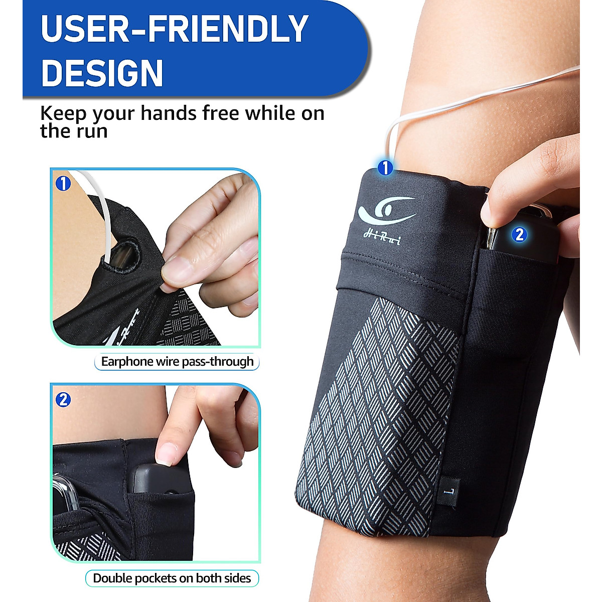 HiRui Universal Sports Armband Cell Phone Armband Sleeves Running Armband for Exercise Workout, Compatible with iPhone 15/15Plus/Pro iPhone 14/13/12 Samsung Galaxy All Phones (Large, Black)