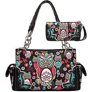 Colorful Owl Western Summer Fashion Purse Concealed Carry Handbags Women Country Shoulder Bag Wallet Set (Black Set)