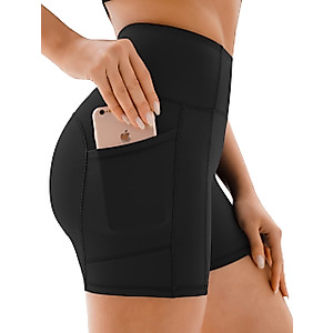 PERSIT Yoga Shorts for Women with Pockets High Wasited Running Athletic Biker Workout Shorts Tight Gym Shorts Yoga Pants - Black - M