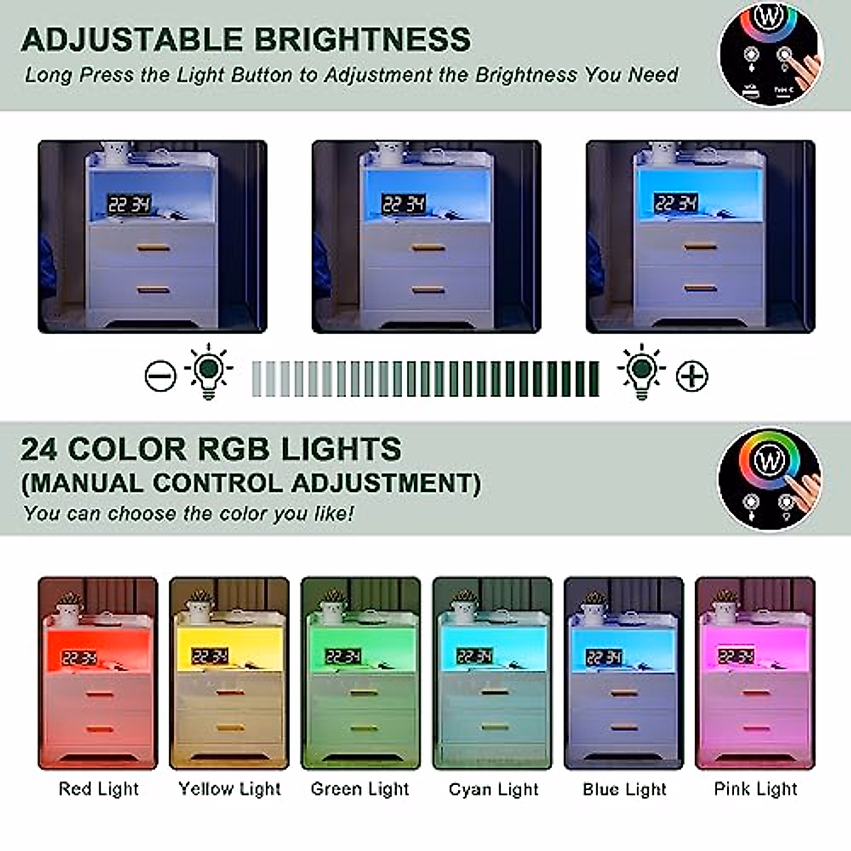 HNEBC Night Stand with Charging Station,LED Nightstand with Body Sensor Function, Smart Nightstand has RGB Lights Mode,Bedside Table with Drawers,Side Table for Bedroom/Living Room (White)