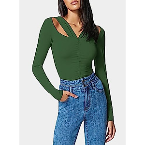 Dokotoo Women's Cross Wrap Ruched Plunge Sexy Deep V Neck Slim Fit Long Sleeve T Shirt Tunic Tops Tee Green XL