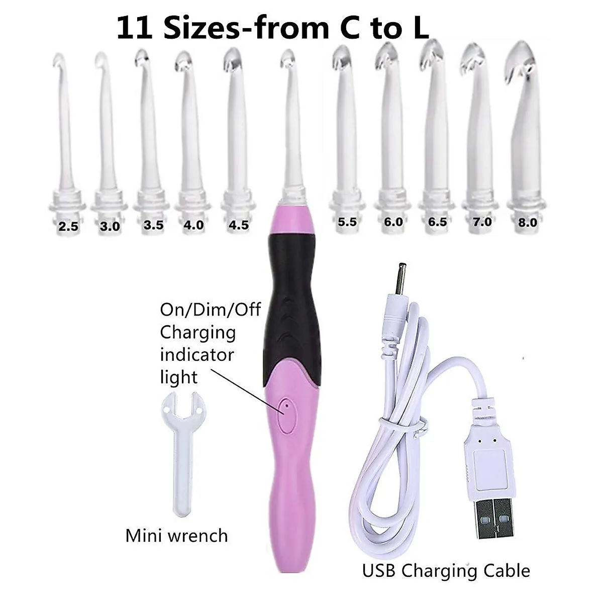 Lighted Crochet Hooks Set - 11 Sizes Light Up Crochet Hooks with Case,Rechargeable Crochet Hook with Light,2.5mm to 8mm