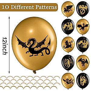 50 Pieces Dragon Theme Party Supplies, Dragon Theme Party Balloons, Black Gold Dragon Balloons Birthday Decoration Dragon Theme Party Picks Fantasy Party for Dragon Fantasy Party Supplies, 12 Inches