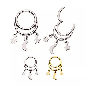 Pierced Owl 16GA 316L Stainless Steel Double Hoop with Sun, Star and Crescent Moon Dangling Charms Hinged Segment Clicker Ring (Gold Tone)