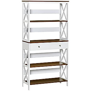 HOMCOM 4-Tier Shelving Bookcase Storage Cupboard with Pull Out Drawer, and Wooden Frame with X Bar Stability, White
