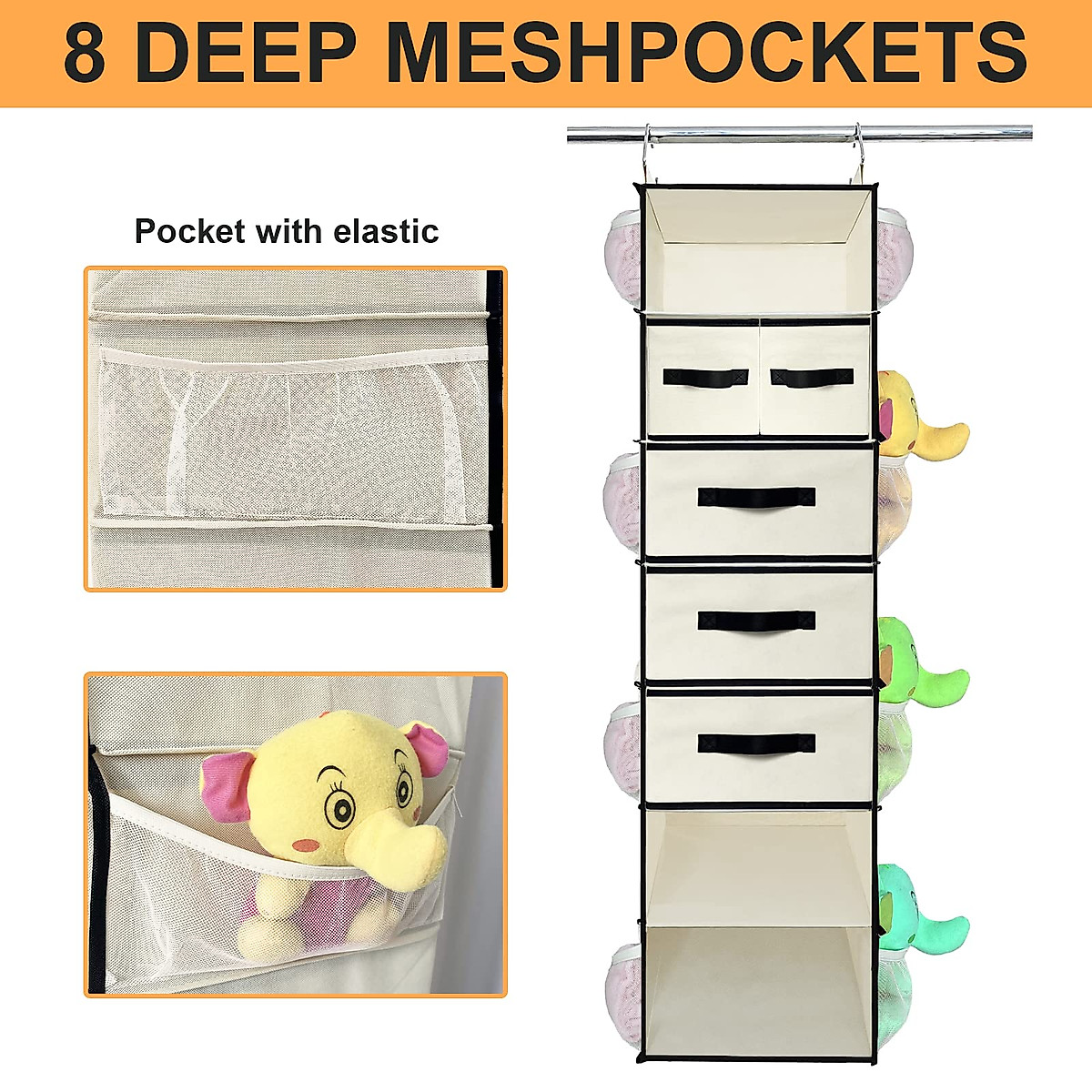 homyfort Hanging Closet Organizer with 5 Drawers and storage - 7 Shelves Organization, Foldable & Heavy Duty Clothes Storage for Wardrobe, Closet, Dorm, (49.6" H, Beige)