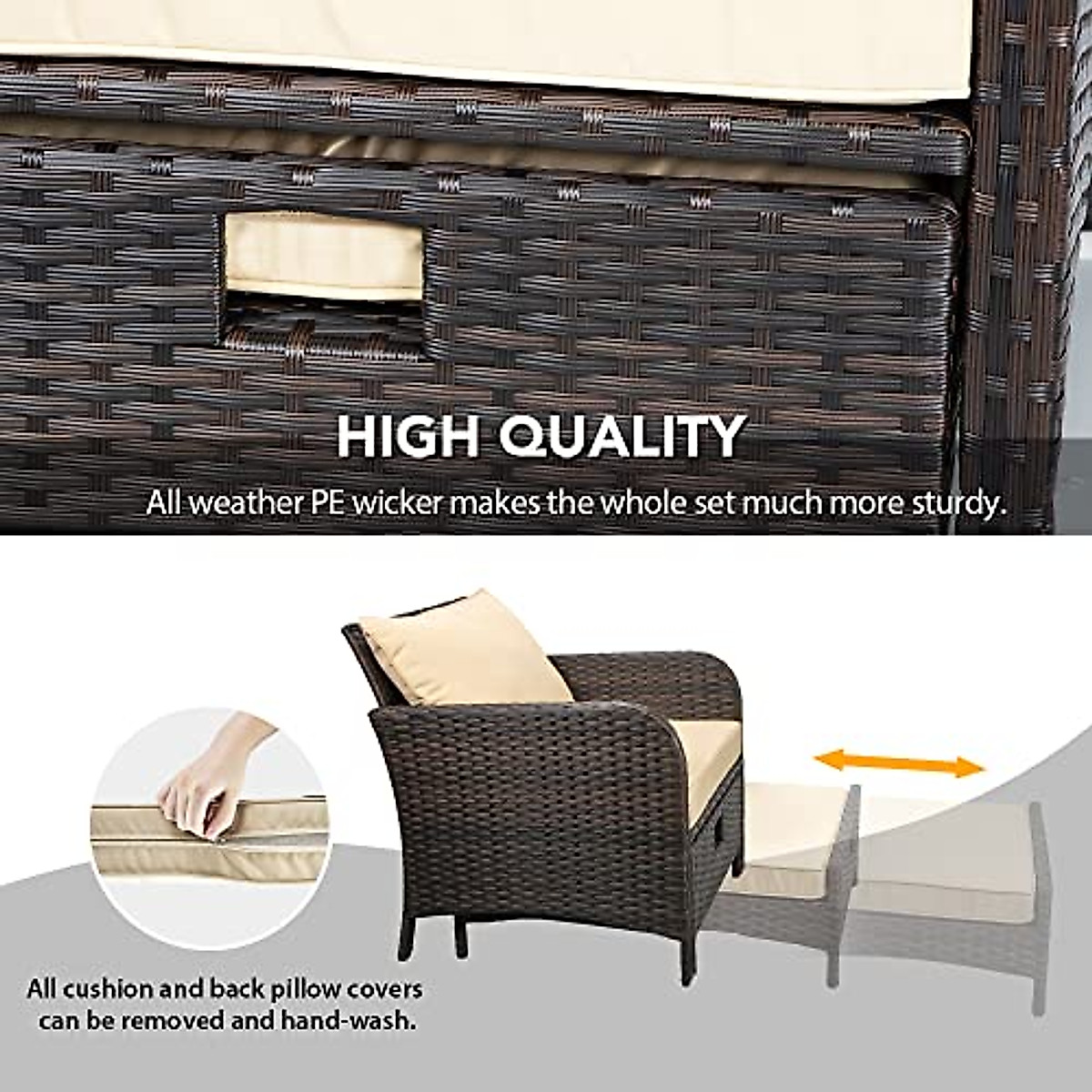 LEVELEVE Balcony Furniture 5 Piece Patio Conversation Set, PE Wicker Rattan Outdoor Lounge Chairs with Soft Cushions 2 Ottoman&Glass Table for Porch, Lawn-Brown Wicker