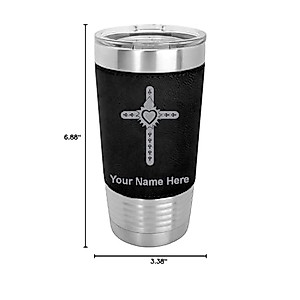LaserGram 20oz Vacuum Insulated Tumbler Mug, Cross with Heart, Personalized Engraving Included (Faux Leather, Black)
