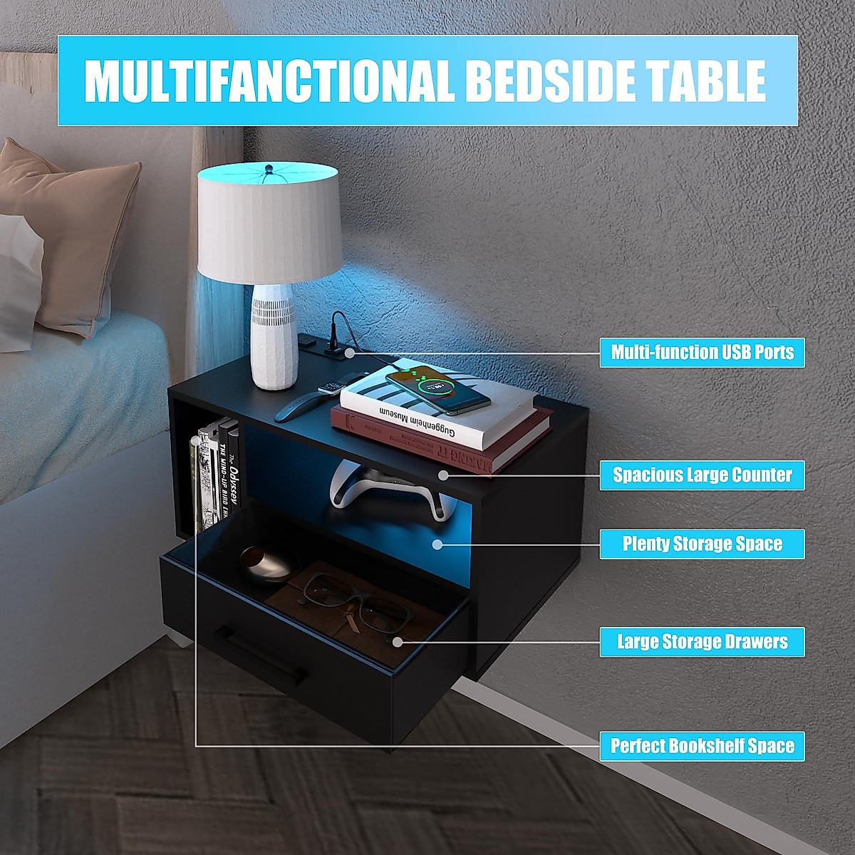 Bloddream Floating Nightstand with Charging Station and LED Light Strips, 21.3" Night Stand with Drawers, Floating Bedside with USB Ports and Outlets, Bedroom Furniture, Black