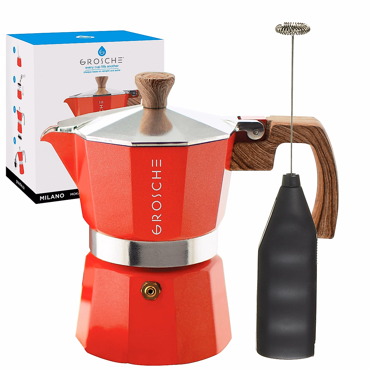 GROSCHE Milano Stove top espresso maker (3 espresso cup size 5 oz) Red, and battery operated milk frother bundle for lattes