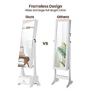 Hzuaneri 8 LEDs Jewelry Cabinet, 42.5" Tall Frameless Mirror Jewelry Armoire, Freestanding Makeup Jewelry Storage with 1 Drawer, 5 Shelves, Jewelry Organizer, White and Black JC14803B