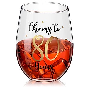 Patelai Birthday Stemless Wine Glass, Gold Birthday Wine Glass Present for Men Women Birthday Party Christmas New Year Wedding Anniversary Party Decorations 17 Oz Stemless(Cheers to 80 Years)