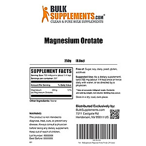 BulkSupplements.com Magnesium Orotate Powder - Magnesium Supplement, High Absorption Magnesium, Magnesium Orotate Supplements - Gluten Free, 700mg (49mg of Magnesium) per Serving, 250g (8.8 oz)