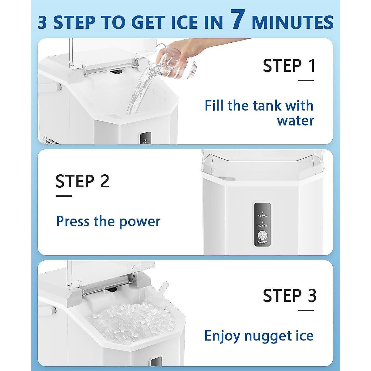 Joy Pebble Nugget Ice Maker, 10,000pcs/33lbs/Day, Portable Handheld Nugget Ice Maker Machine with Handle, Ice Makers Countertop Self-Cleaning, Ice Scoop and Basket, for Home/Office/Party, White