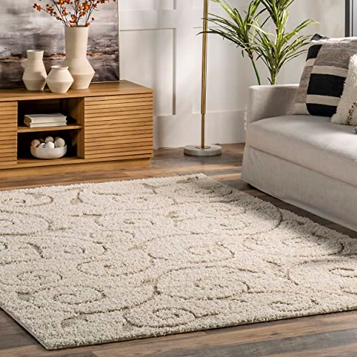 nuLOOM Vine Swirls Maisha Shag Area Rug, 5' 3" Round, Cream