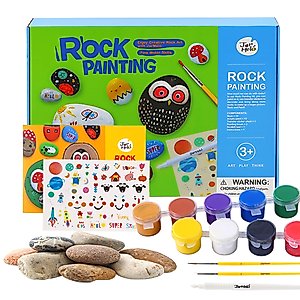Rock Painting for Arts & Crafts; 12 Non-Toxic Fun Colors; 2 Brushes; 10 Rocks to Inspire Creativity and More; Great as Kids Gift;