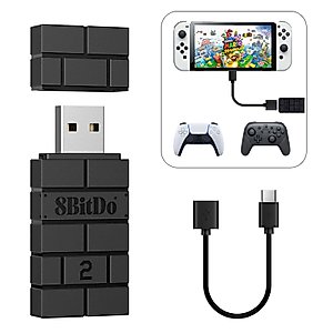 8Bitdo USB Wireless Adapter 2 for Windows, Mac & Raspberry Pi, Compatible with Xbox Series X & S Controller, PS5/PS4/PS3 Controller with OTG Cable