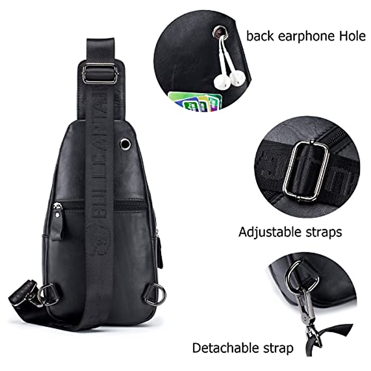 BULLCAPTAIN Genuine Leather Sling Chest Bag Multi-pockets Men Crossbody Bag Travel Casual Small Shoulder Backpack (Black)