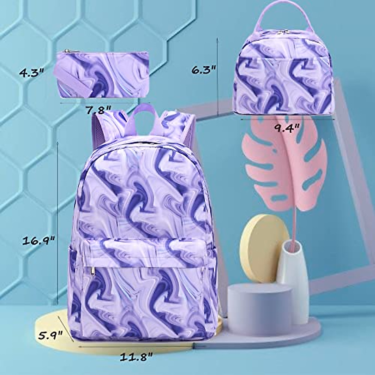 Jumpopack 3 Pcs Girls Backpack Lightweight Waterproof Girls Backpack with Lunch Box 16inch Laptop Sleeve Backpack for Teen Girls School Backpack School Bag Bookbag (Marble Purple)