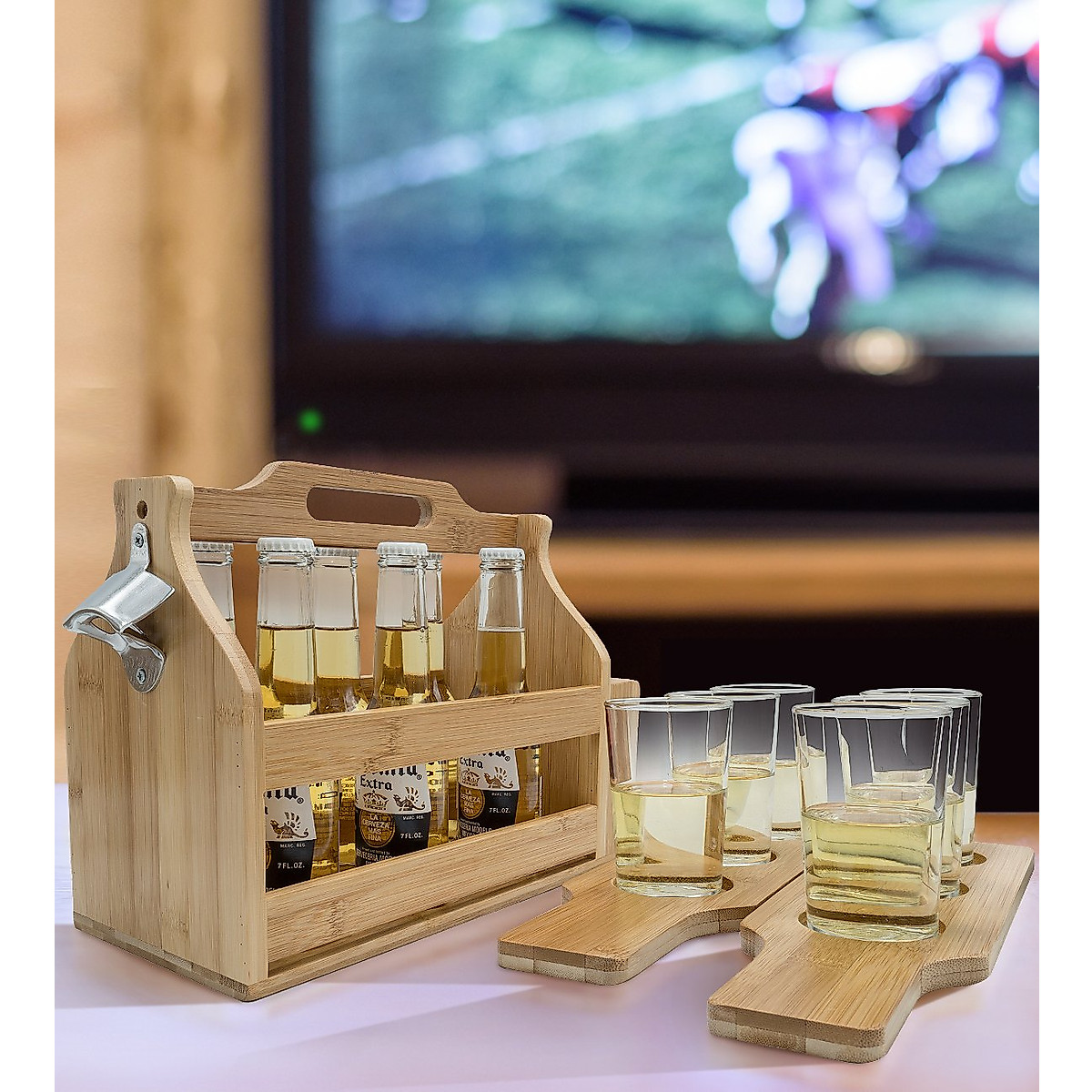 Sorbus Wooden Bottle Caddy with Opener & Sampler Boards, Drink Holder for Beer, Soda, Perfect for Bar, Pub, Restaurant, Brew Fest Party, and More, Bamboo