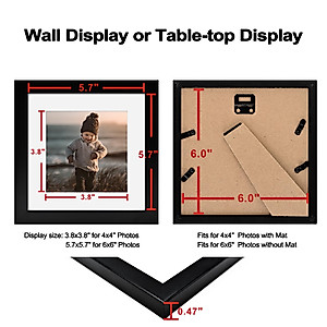 KINLINK 6x6 Picture Frame Black Set of 4, Wooden Square Photo Frames Matted 4x4 with Plexiglass for 4x4 with Mat or 6x6 without Mat for Table and Wall Display