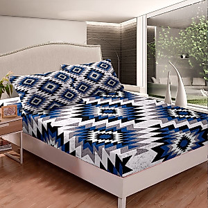 Kids Southwest Native American Design Fitted Sheet Queen Size Blue Grey Geometric Bed Sheet Set for Boys Girls Teens Bedroom Decor Tribal Bedding Set Set Women Men Bed Cover with 2 Pillow Case