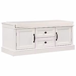 Shoe Bench Entryway with Storage, Entryway Bench with Removable Cushion, Solid Wood Storage Bench with 2 Drawers and 2 Cabinets for Living Room, Hallway, Closet, 42.5"L x 15.9"W x 17.5"H，White