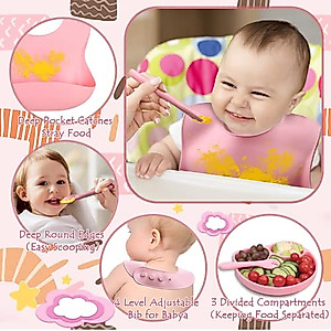 Baby Led Weaning Supplies, 16Pack Silicone Baby Feeding Set Baby Feeding Supplies Baby Eating upplies Infant Self Eating Utensil Set with Suction Bowls Plates Bibs Cups Spoons and Forks - 6+ Months